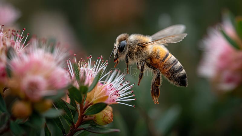 A Bee Flying Over a Pink Flower on a Bush Stock Photo - Image of ...