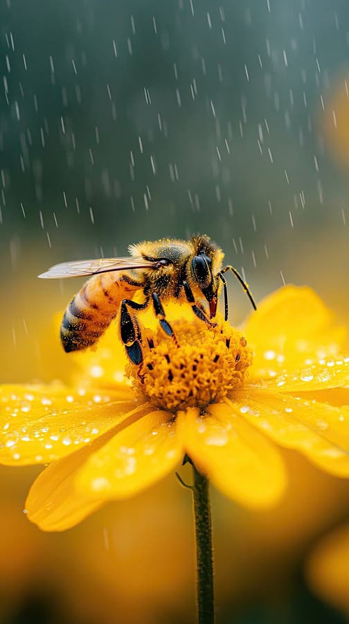 A Bee Gathers Pollen from a Bright Yellow Flower in a Refreshing Rain ...