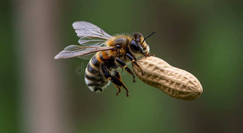 A Bee Grasps a Peanut with Its Legs Mid-flight. the Bee Features Black ...