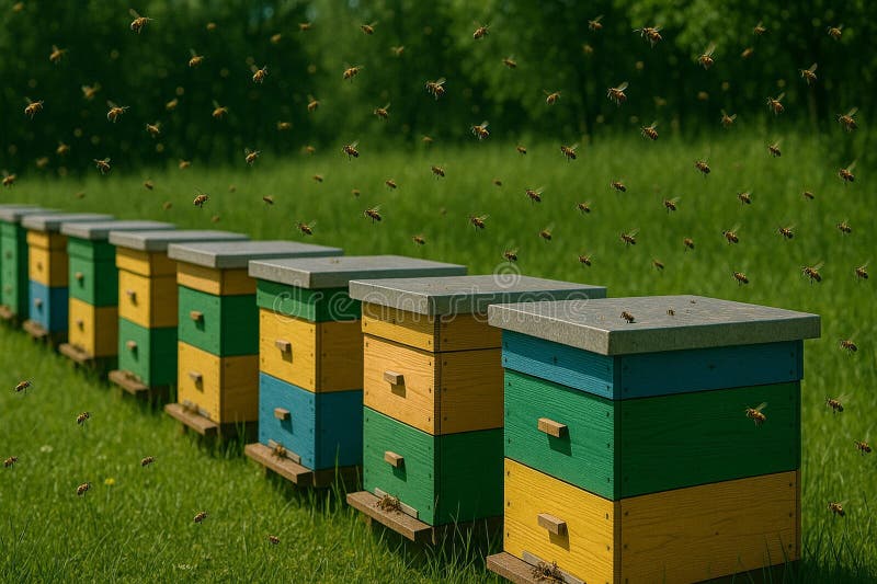 Bee hives in the field stock image. Image of beeswax - 391467771