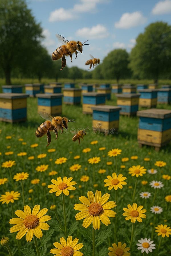 Bee hives in the field stock photo. Image of hives, backyard - 391467606