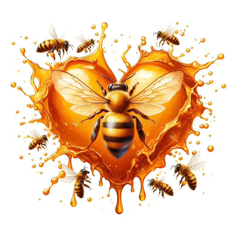 Bee and Honey Splash Heart Shape with Empty Center Isolated on White ...