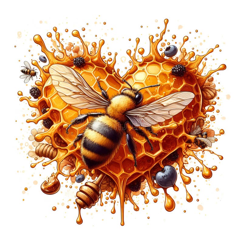 Bee and Honey Splash Heart Shape with Empty Center Isolated on White ...