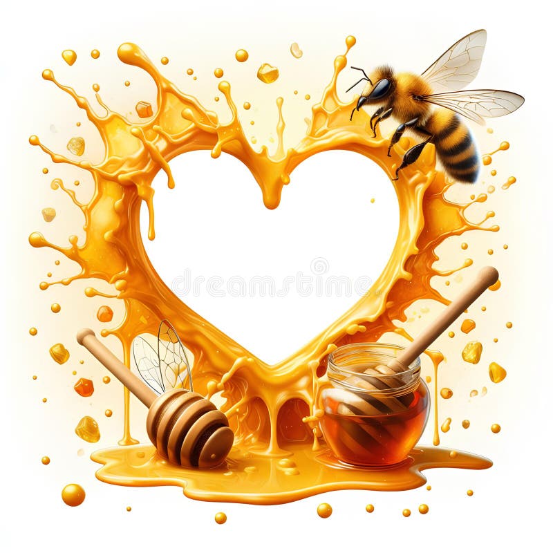 Bee and Honey Splash Heart Shape with Empty Center Isolated on White ...