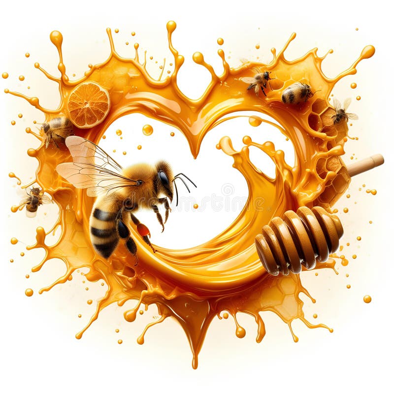 Bee and Honey Splash Heart Shape with Empty Center Isolated on White ...