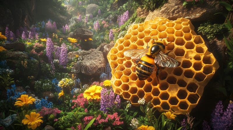 Bee on a Honeycomb with a Hexagonal Sign Stock Illustration ...