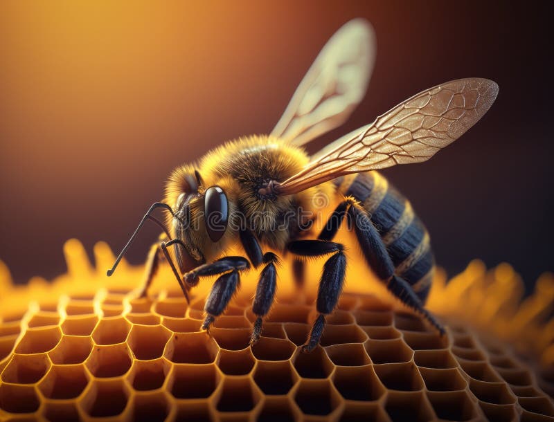 Bee on Honeycombs with Honey Slices Nectar into Cells. Macro Image of a ...