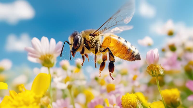 Bee Hovering Over Colorful Flowers in Vibrant Garden Stock Illustration ...