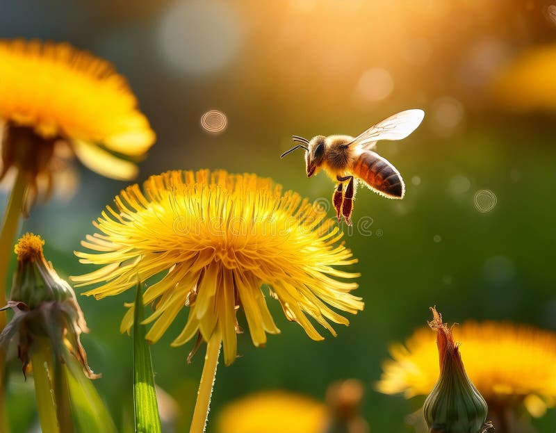 A Bee Hovering Over a Dandelion, with Detailed Pollen Particles Visible ...