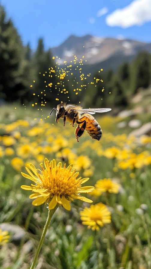 A Bee Hovering Over a Vibrant Yellow Flower in a Sunny Mountain Meadow ...