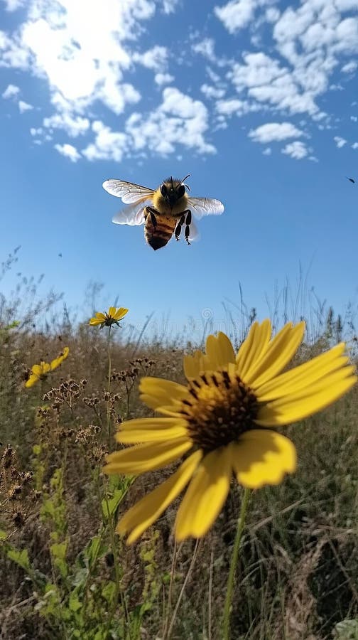 A Bee Hovering Over Vibrant Yellow Flowers Under a Clear Blue Sky Stock ...