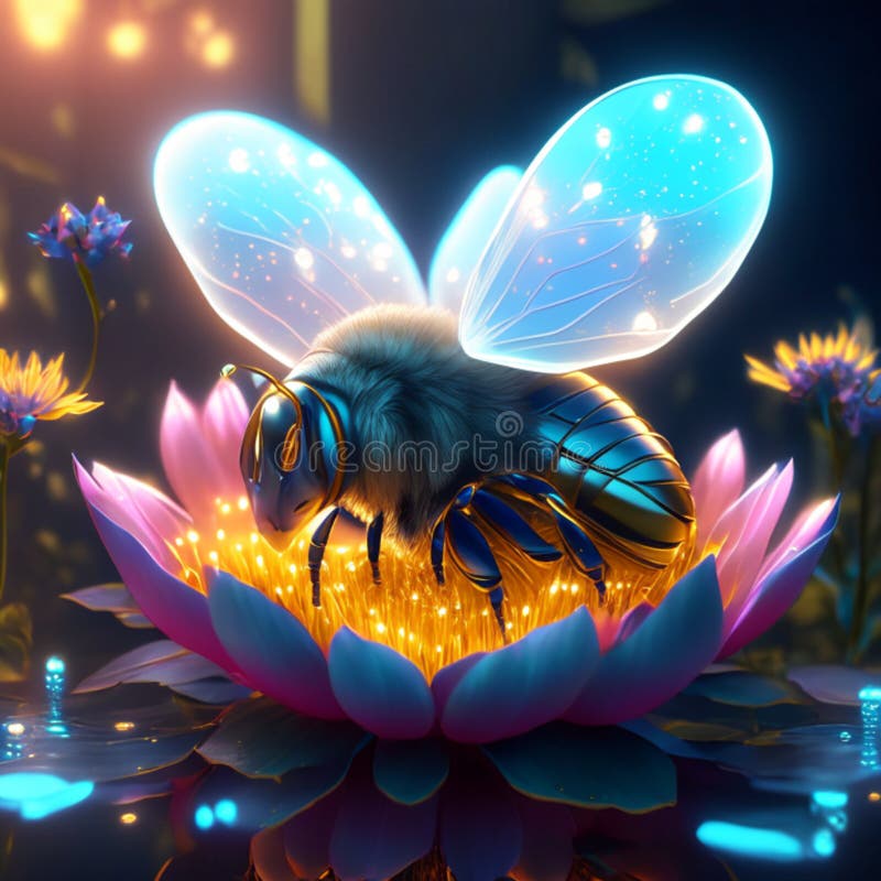 Bee on a Lotus Flower in the Night. 3d Rendering Generative AI Stock ...