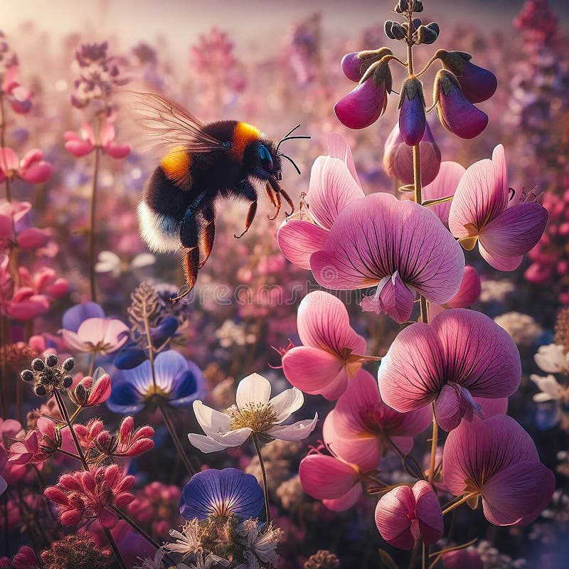 A Bee Over a Flower. Generative Ai Stock Illustration - Illustration of ...