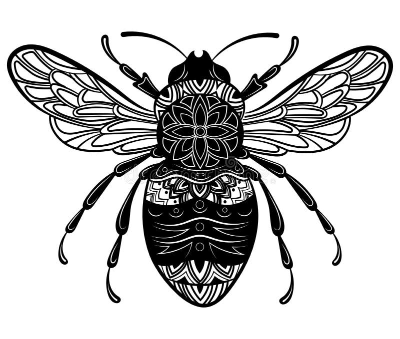Bee with Patterns. Black White Bee with Ornaments. Stylized Wasp ...