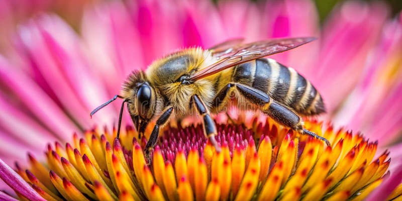 Bee on a Pink Flower Large Striped Bee Collecting Pollen and Nectar ...