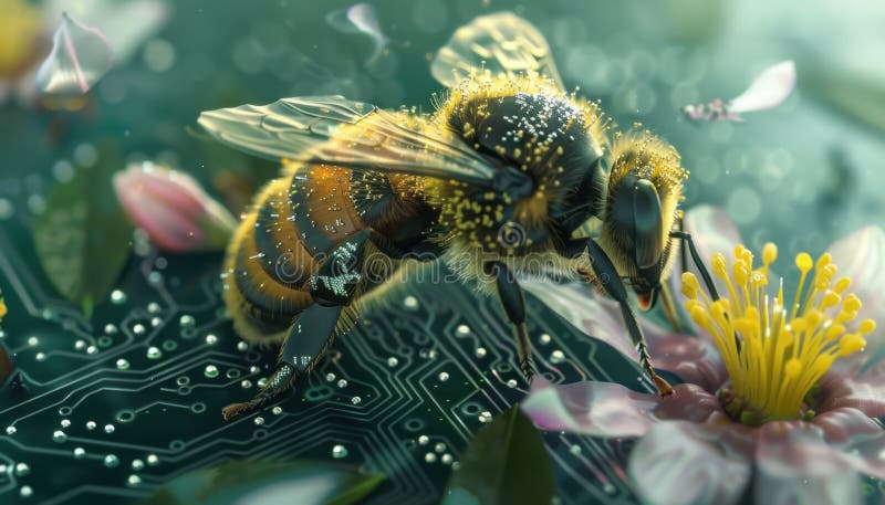 Bee Pollinates a Flower on a Circuit Board Surrounded by Vibrant Flora ...