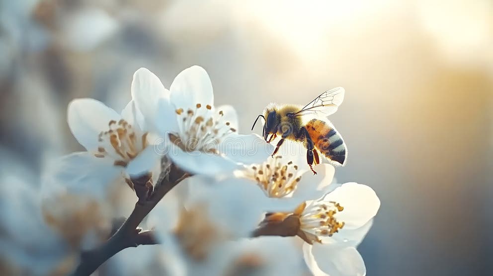 A Bee Pollinating a Delicate White Flower, Basking in the Soft Glow of Sunlight Stock Photo ...