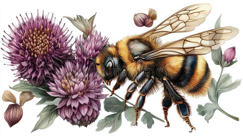 Bee Pollinating Purple Thistle Flowers with Detailed Wings Stock Photo ...