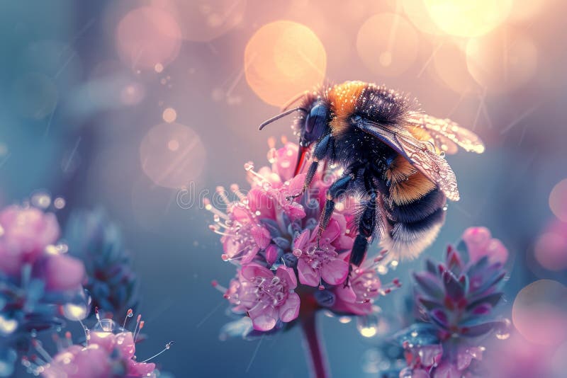 Bee Pollinating Vibrant Orange Flower with Dew. Generative AI Stock ...