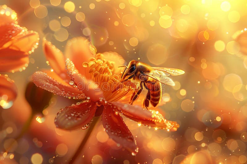Bee Pollinating Vibrant Orange Flower with Dew. Generative AI Stock ...