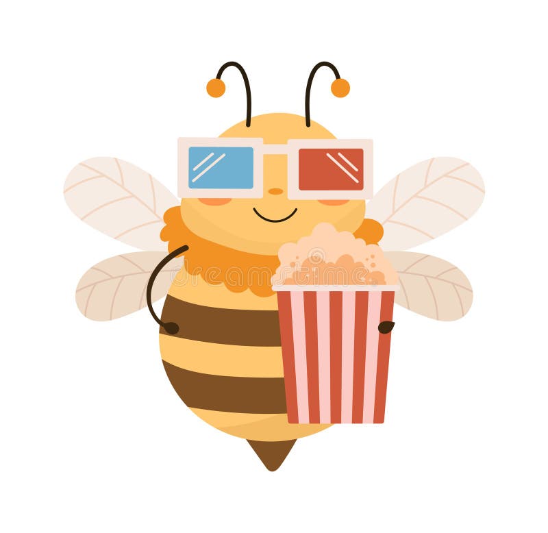 Bee with Popcorn and 3d Glasses Stock Vector - Illustration of buzz ...