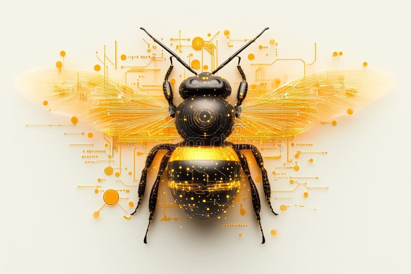 A Bee is Positioned Above a Vibrant Network of Digital Circuits ...