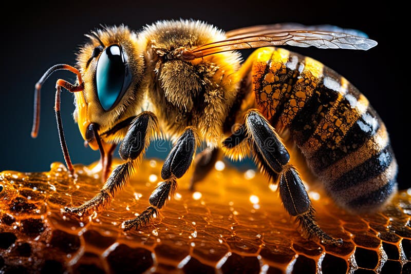 Bee Producing Honey in Honeycomb. Macro Shot Stock Photo - Image of ...