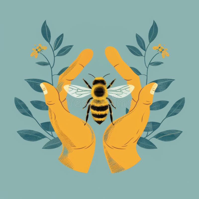 Bee Protection Flat Poster with Human Hands Holding Bee at Blooming on ...