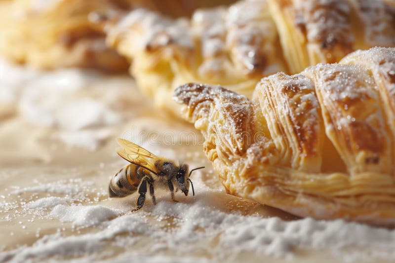 Bee on a Puff Pastry with Sugar Dust Stock Image - Image of insect ...