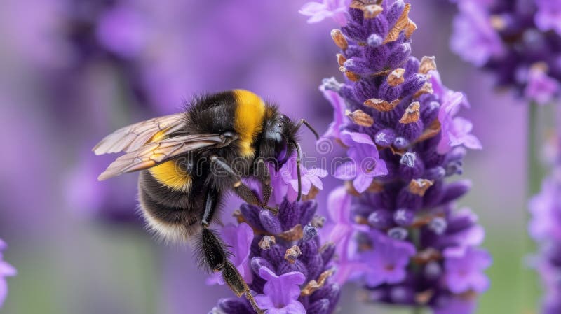 A Bee is on a Purple Flower with Green Leaves, AI Stock Photo - Image ...