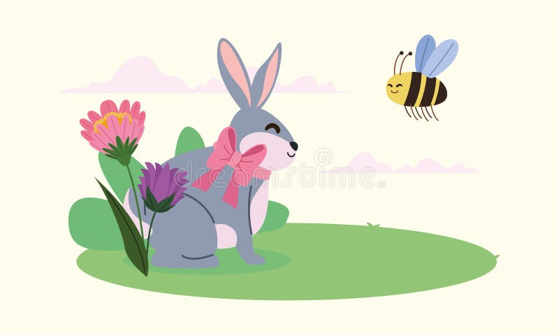 Bee and rabbit in garden stock vector. Illustration of spring - 269664275