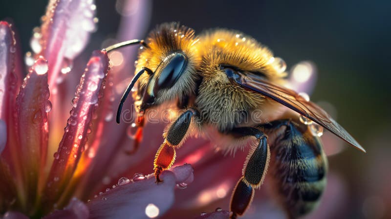 A Bee on Red Flower Collects Pollen. Generative AI Illustration. Stock ...