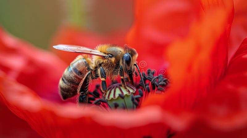 Bee on a Red Flower, Focused on Pollination Stock Photo - Image of ...