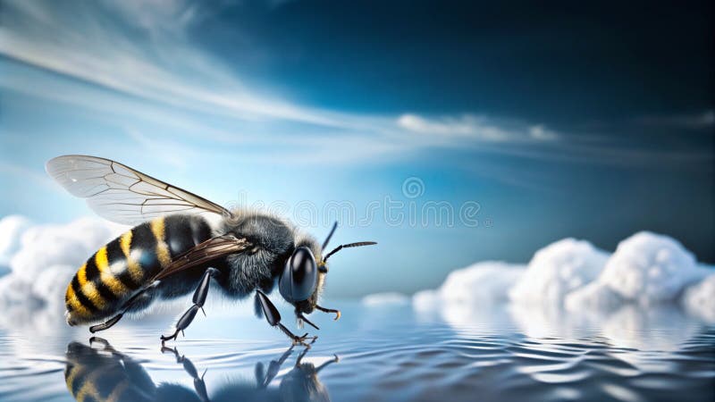 A Bee with a Reflection on the Water with Blue Sky and Clouds in the ...