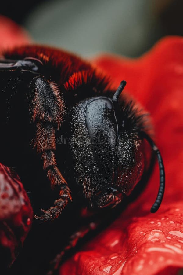 Bee Relaxing on Flower with Macro Zoom and a Touch of Red Stock Photo ...