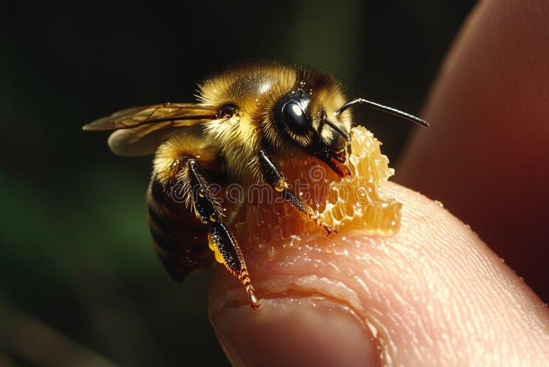 A Bee Resting on the Tip of a Finger, Covered in Honey Stock ...