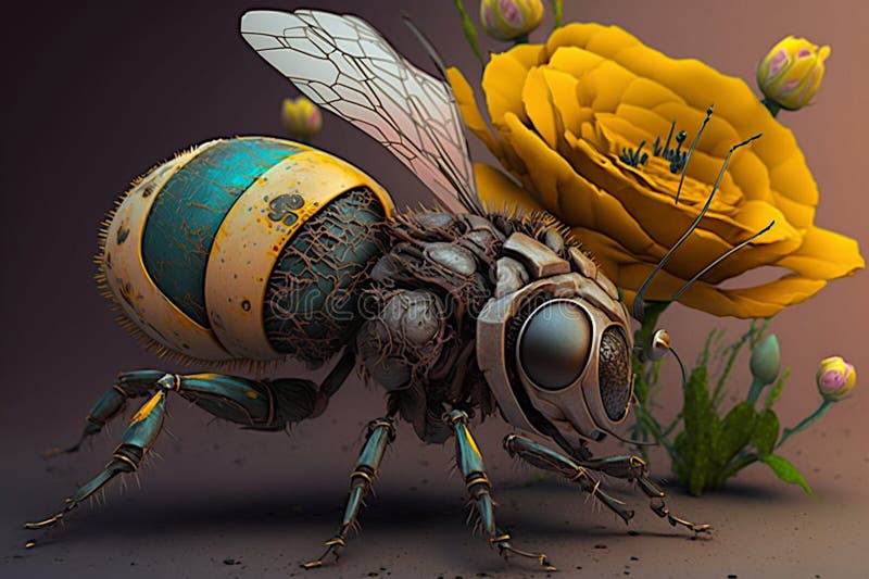 Bee - Robot. Artificial Bee Pollinating a Flower Stock Illustration ...