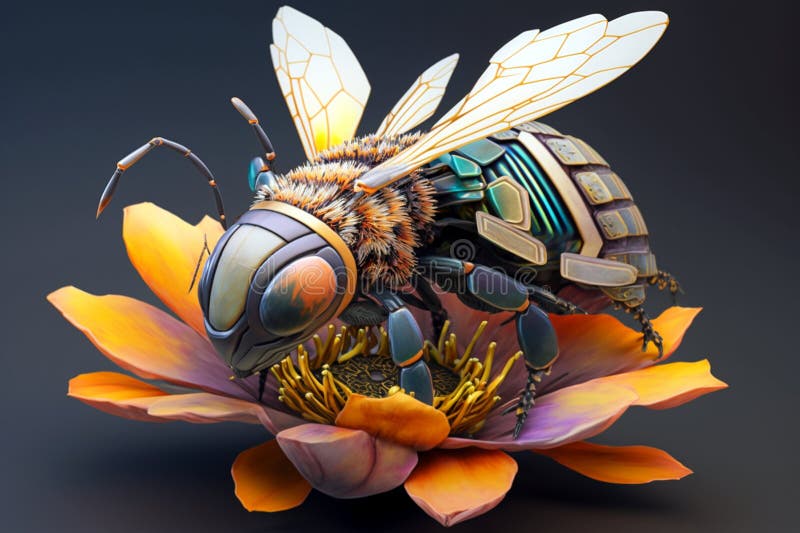 Bee - Robot. Artificial Bee Pollinating a Flower Stock Illustration ...