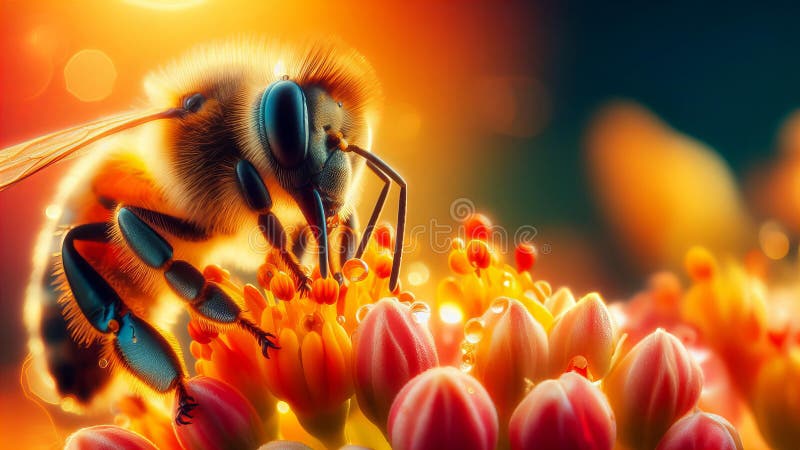 Bee is Seen on a Flower, with the Flower Being Orange and Red Stock ...