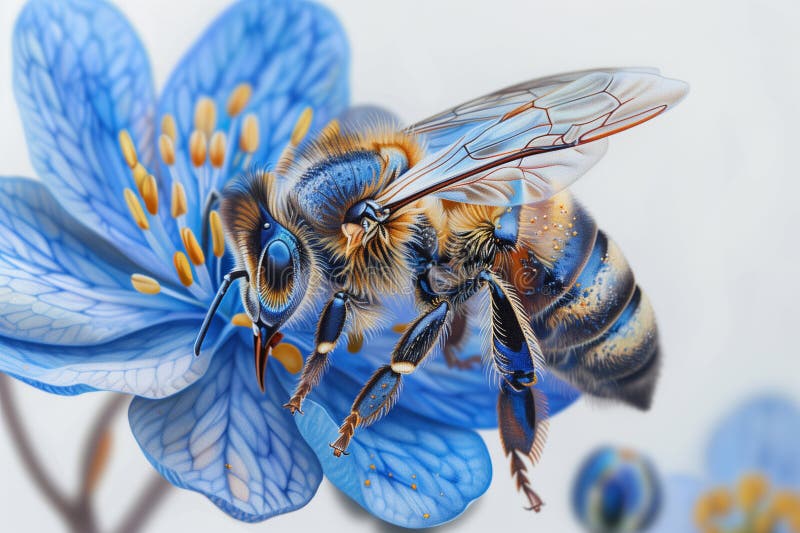 A Bee is Seen Up Close on a Flower, Pollinating As it Collects Nectar ...