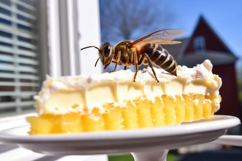 A Bee on a Slice of Lemon Meringue Pie, Set on a White Porch Railing ...