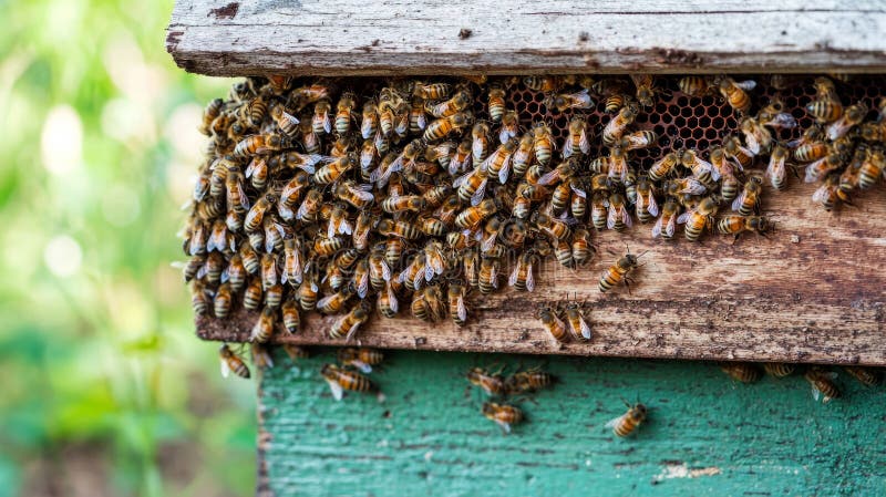 Bee Swarm on Beehive Wall. Exit of the Swarm from the Hive Stock Image ...