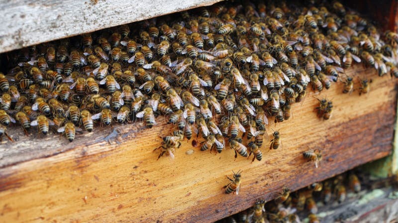 Bee Swarm on Beehive Wall. Exit of the Swarm from the Hive Stock Photo ...