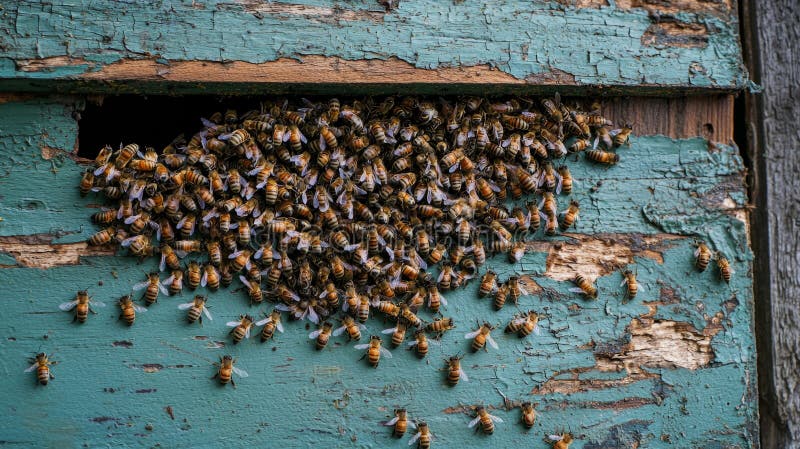 Bee Swarm on Beehive Wall. Exit of the Swarm from the Hive Stock Image ...
