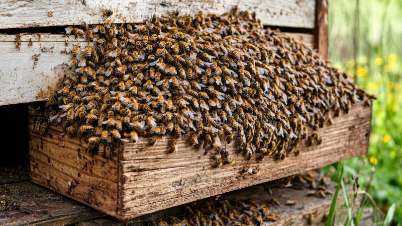 Bee Swarm on Beehive Wall. Exit of the Swarm from the Hive Stock Photo ...