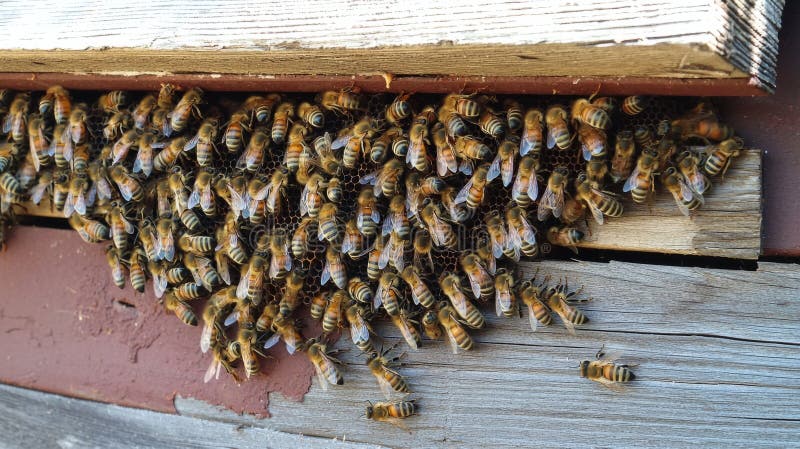 Bee Swarm on Beehive Wall. Exit of the Swarm from the Hive Stock Image ...