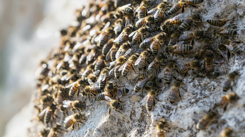 Bee Swarm on Beehive Wall. Exit of the Swarm from the Hive Stock Image ...
