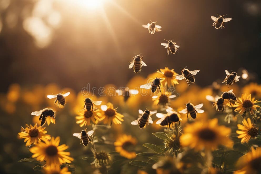 Bee Swarm Buzzing Over Flowers, Created with Generative AI Technology ...