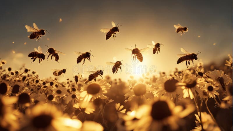Bee Swarm Buzzing Over Flowers, Created with Generative AI Technology ...
