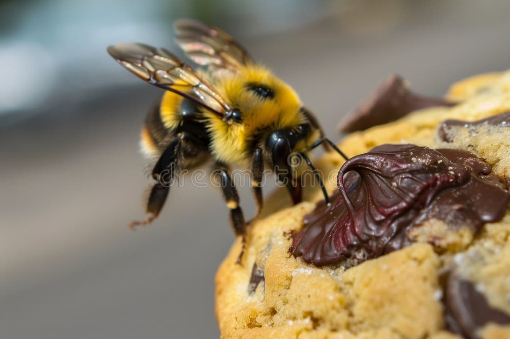 Bee on Top of a Chocolate Chip Cookie Stock Image - Image of snack ...